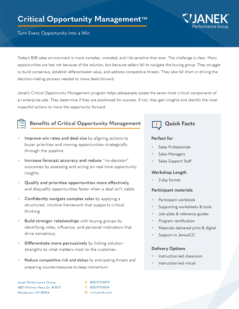 Critical Opportunity Management | Janek Performance Group